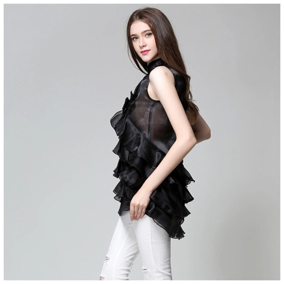 Tops | Black Layered Ruffle Organza Top | Poshmark